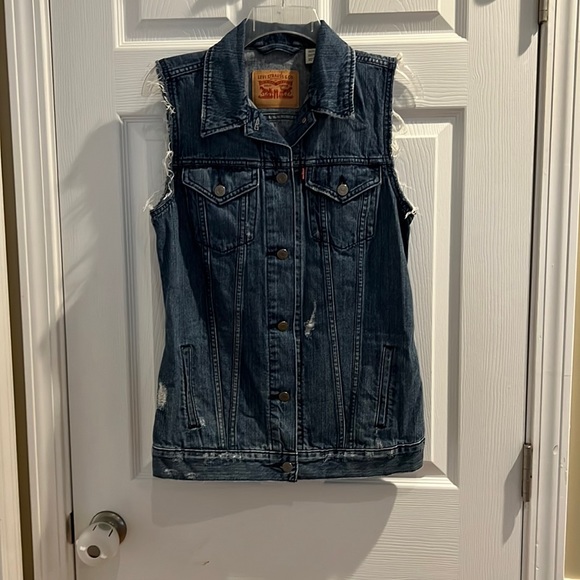 Levi's | Jackets & Coats | Levis Distressed Extra Long Trucker Vest ...